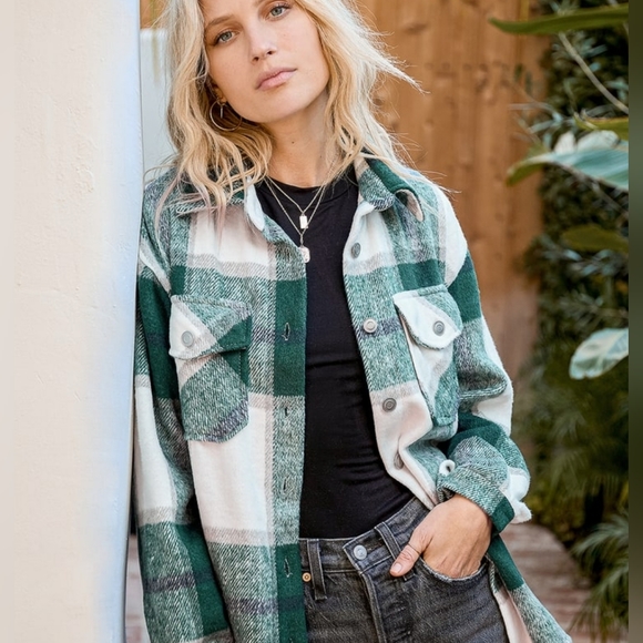 Tops | New Cozy Rustic Flannel Plaid Shacket Top Jacket Black Green ...
